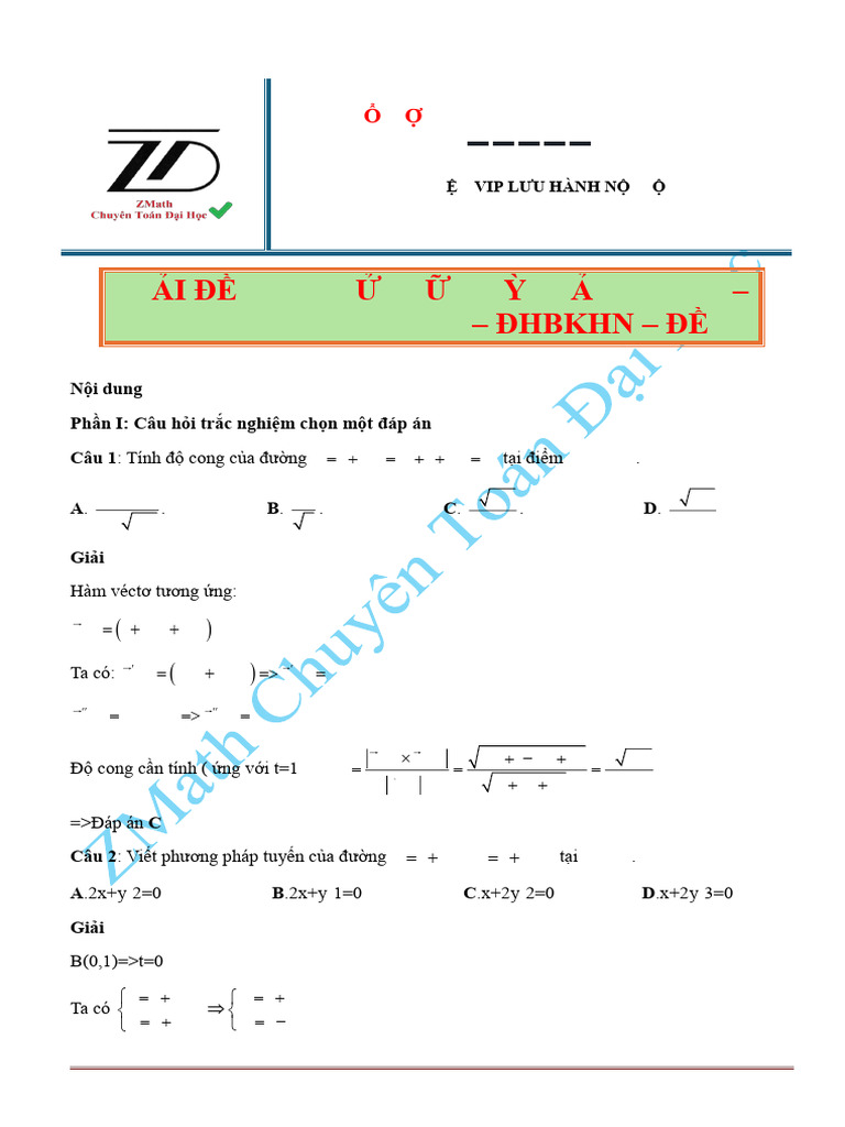 GIẢI ĐỀ THI THỬ GIẢI TÍCH II GIỮA KỲ ĐỀ 2 -NN1 - ĐHBKHN | PDF