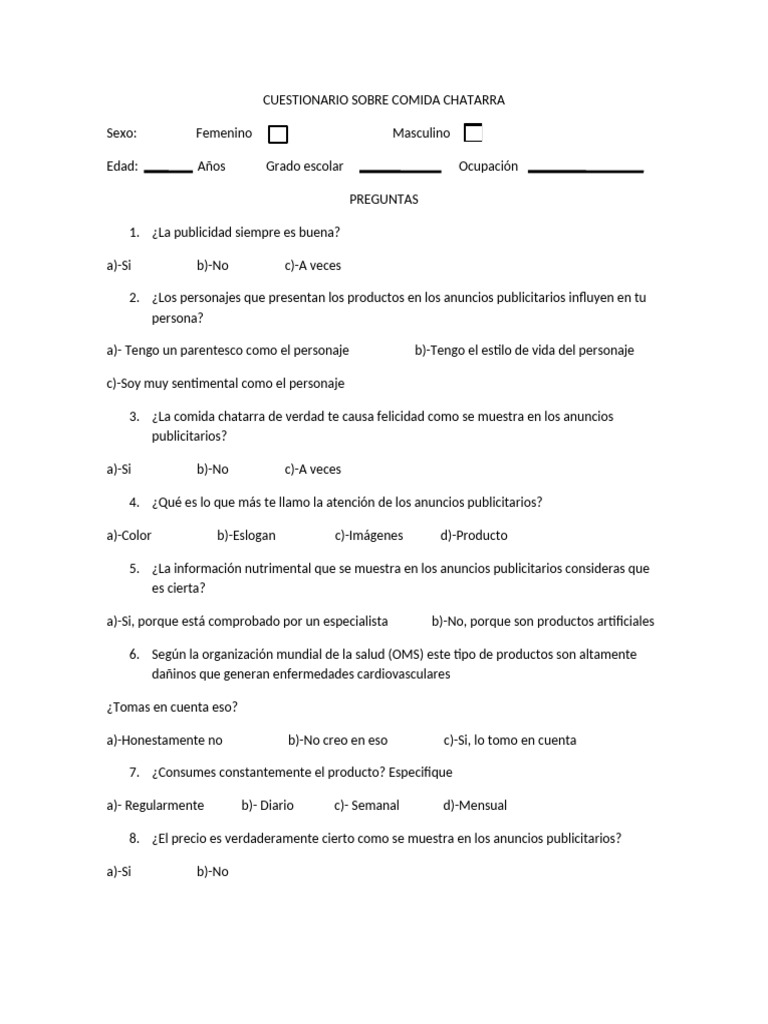 Cuestionario sobre Comida Chatarra | PDF | Publicidad | Comida chatarra