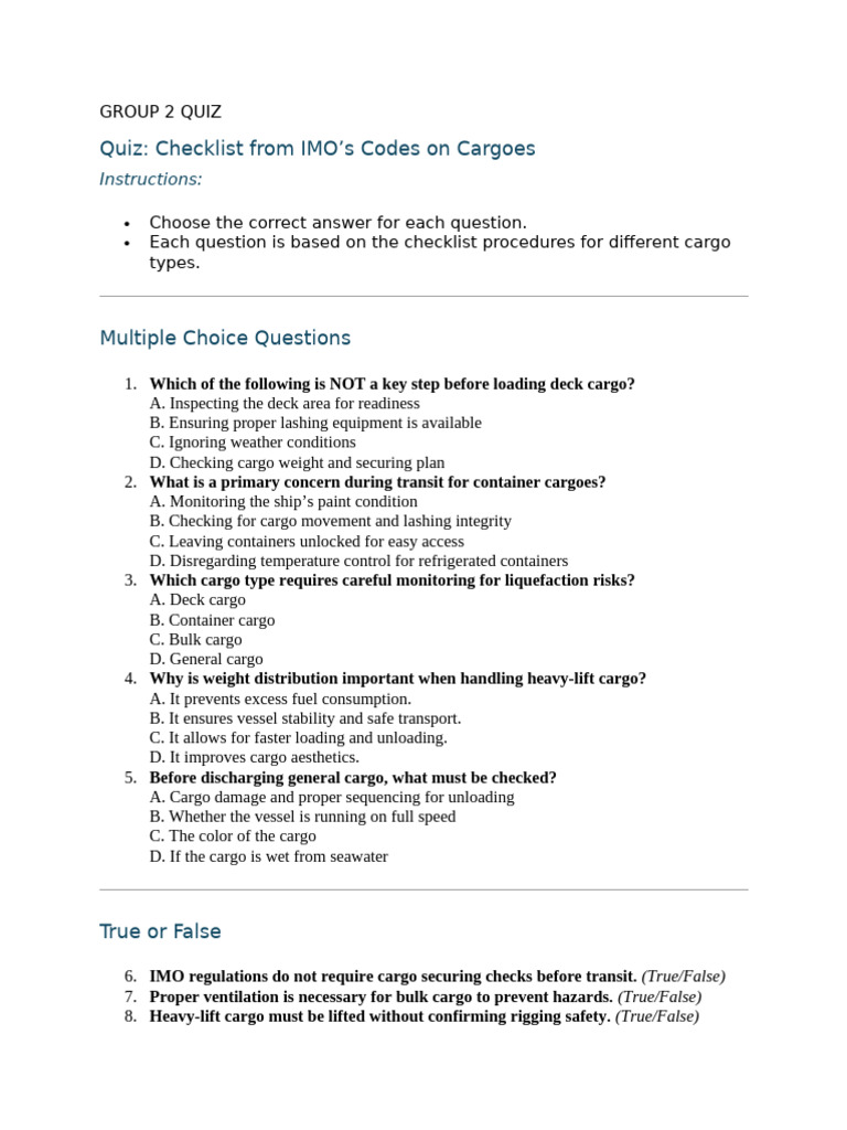 Cargo Handling Quiz Answer Key | PDF