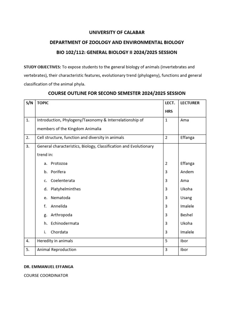 BIO 102 112 Course Outline 20242025 | PDF | Invertebrate | Biology
