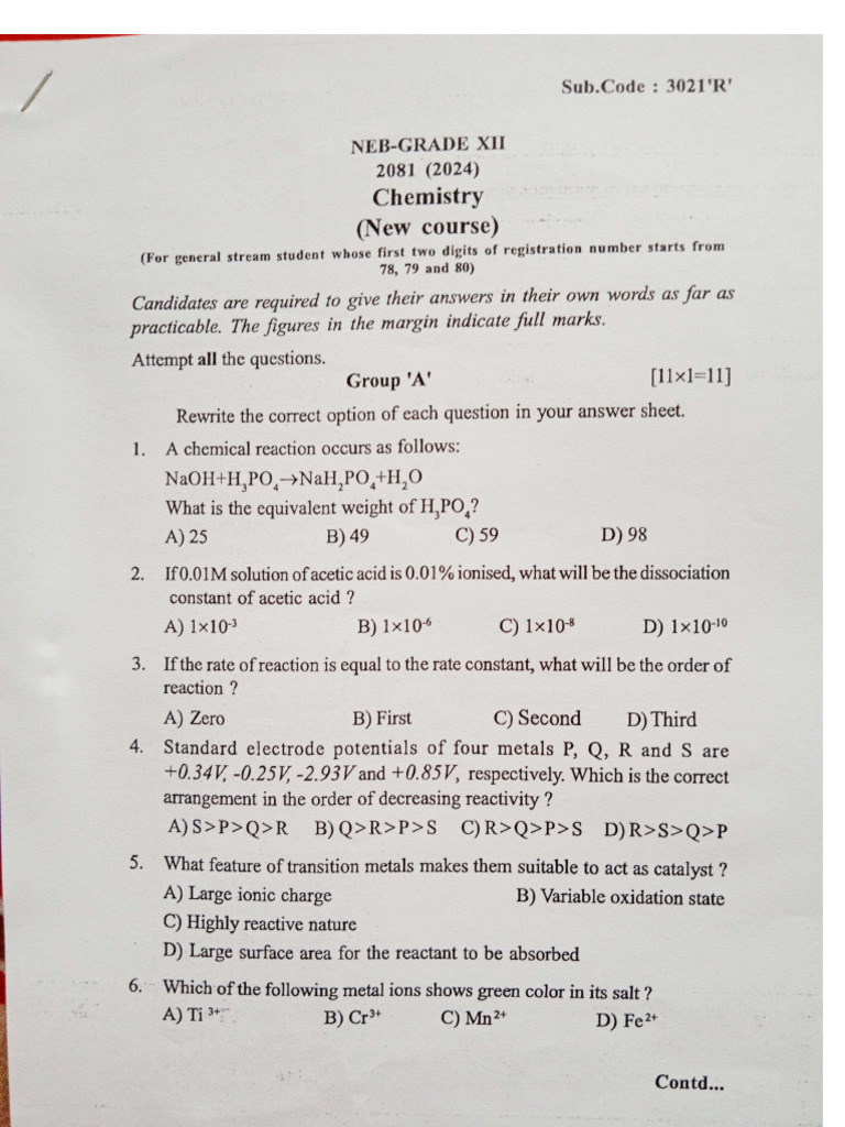 Chemistry - NEB 2081 | PDF
