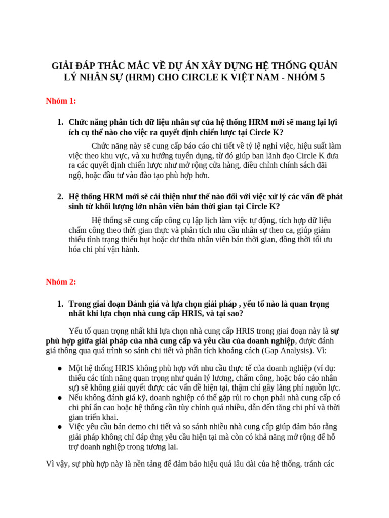 Trả lời câu hỏi - Nhóm 5 - Môn Quản trị các dự án HTTT | PDF