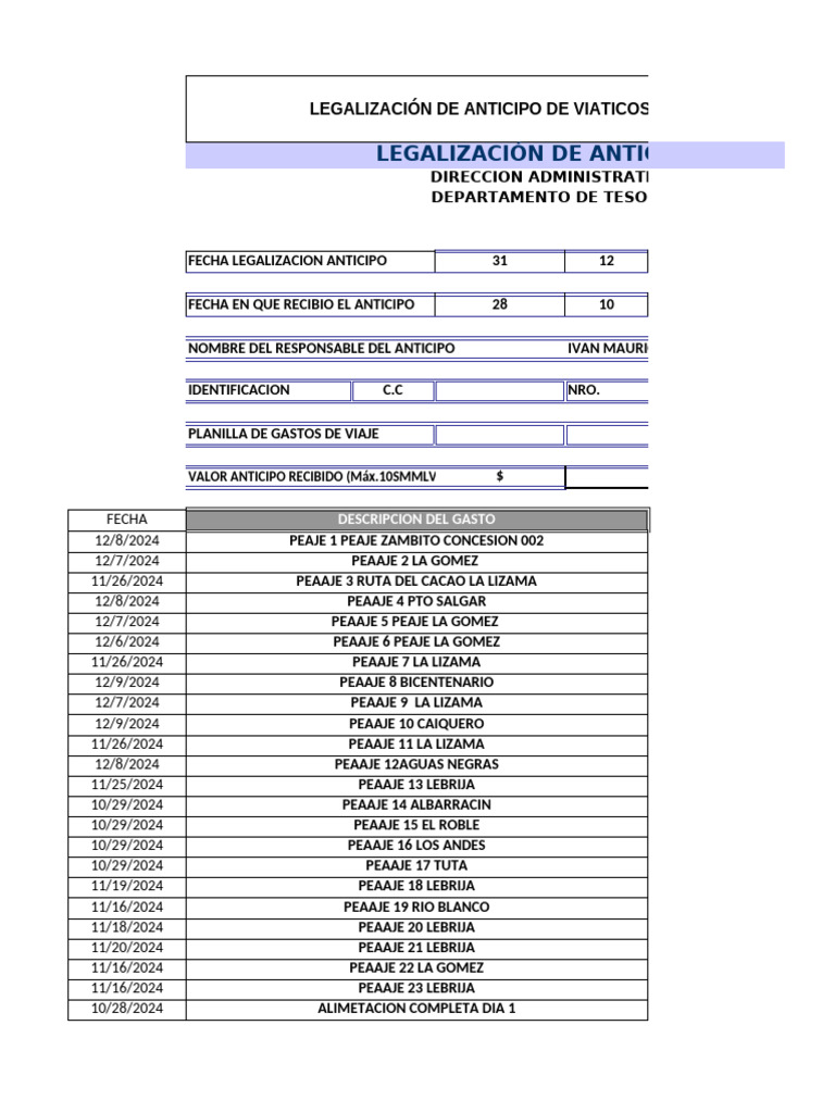 Solicitud Legalizacion Viaticos 012018 | PDF