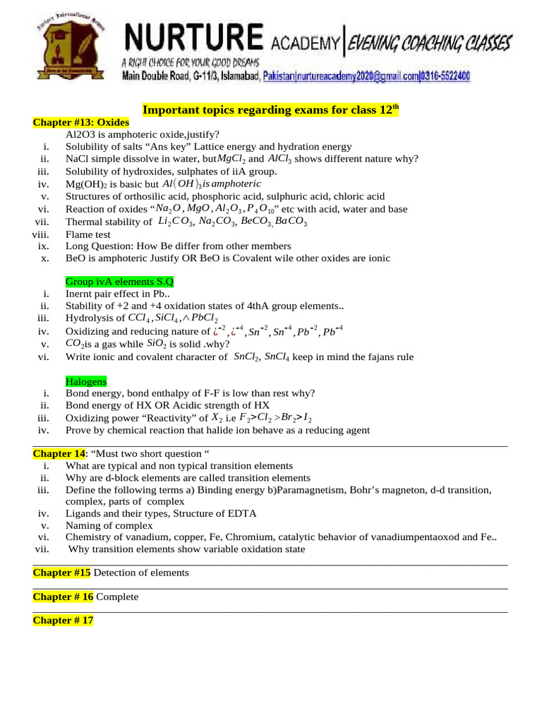 Key Topics for Class 12 Chemistry Exams | PDF | Chemical Reactions | Amine