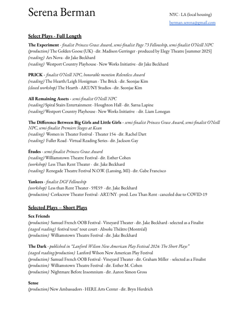 Serena Berman Playwriting Resume 2025 | PDF