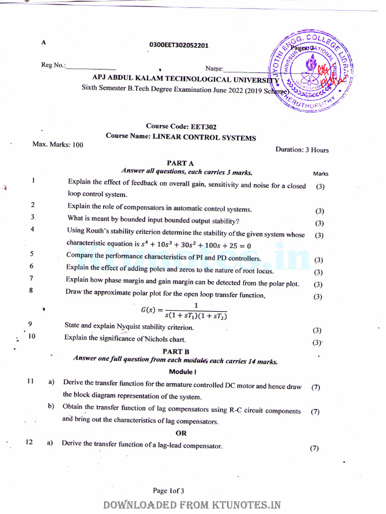 Eet302 Linear Control Systems, June 2022 | PDF | Feedback | Control Theory