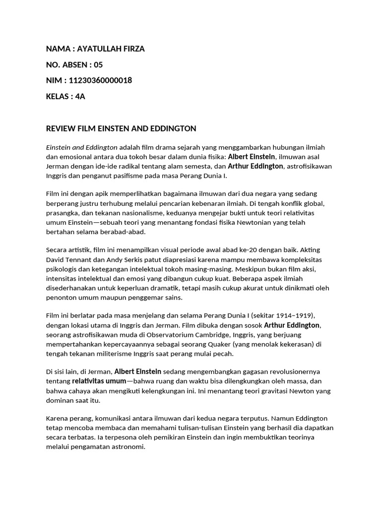 Ayatullah Firza (11230360000018) Tugas Review Film Einsten and Addington | PDF
