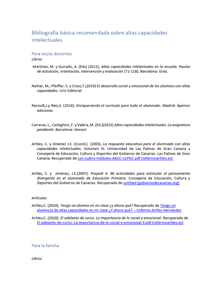 Anexo 8. Bibliograf¡a b Sica Sobre Altas Capacidades Intelectuales | PDF | Cognición | Aprendizaje