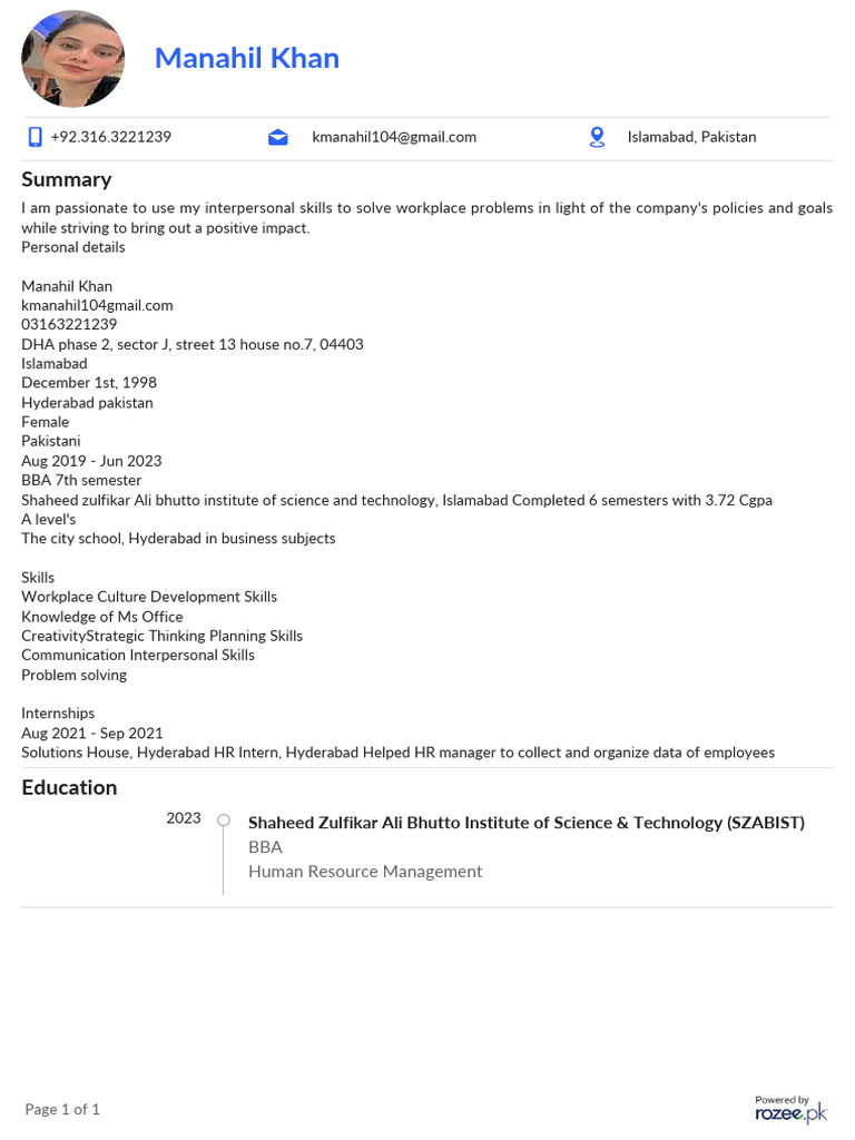 Manahil Khan's HR CV Overview | PDF