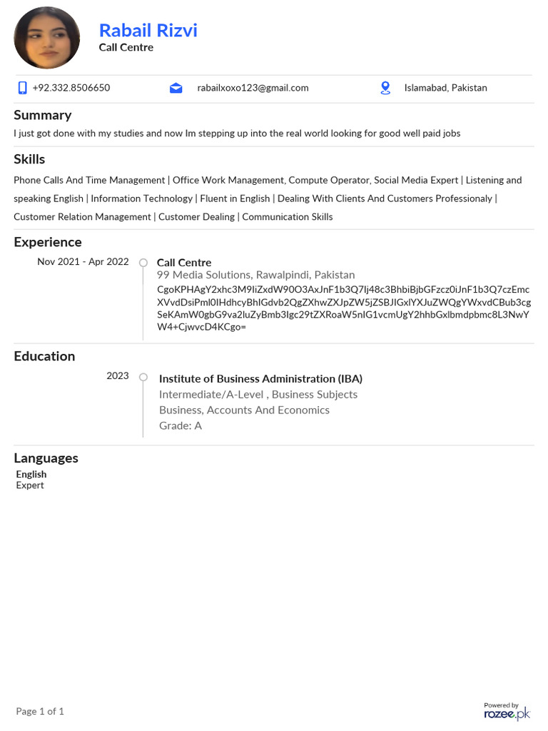 Rozee CV 16193910 Rabail Rizvi | PDF