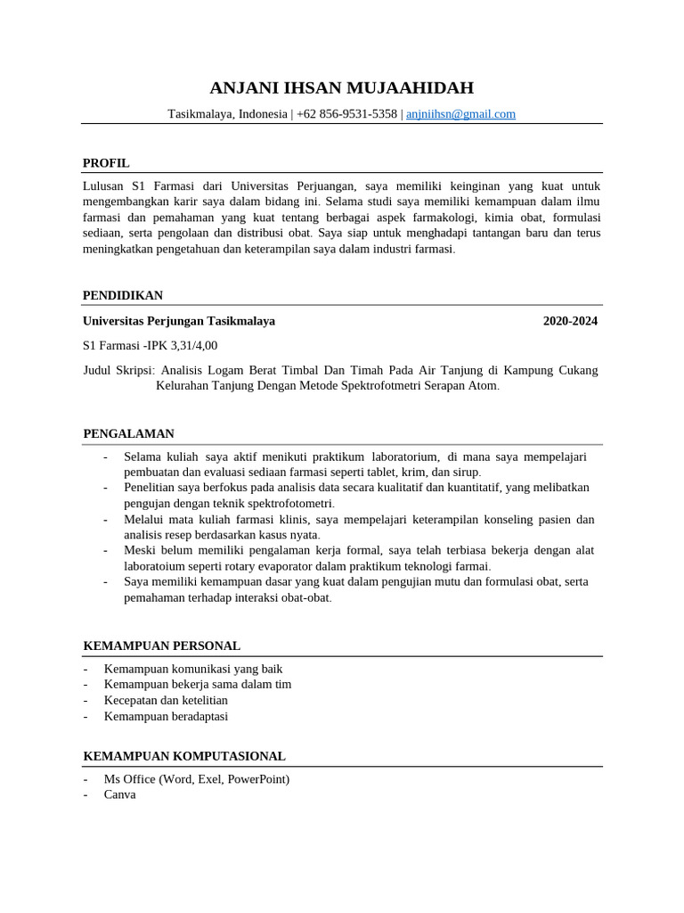 CV Anjani Ihsan Mujaahidah | PDF