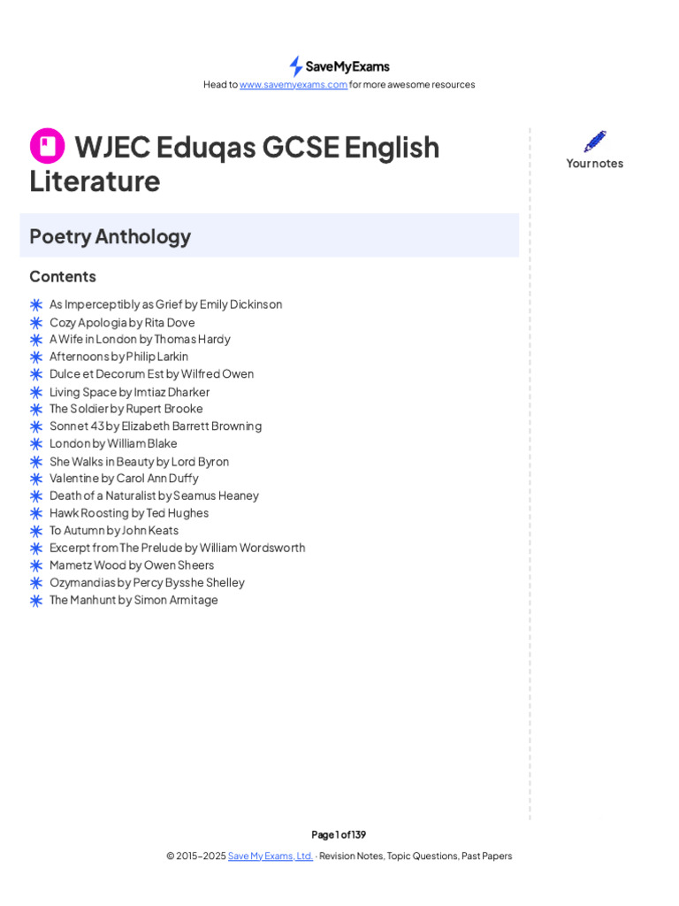 WJEC Eduqas GCSE English Literature: Poetry Anthology | PDF | Emily ...