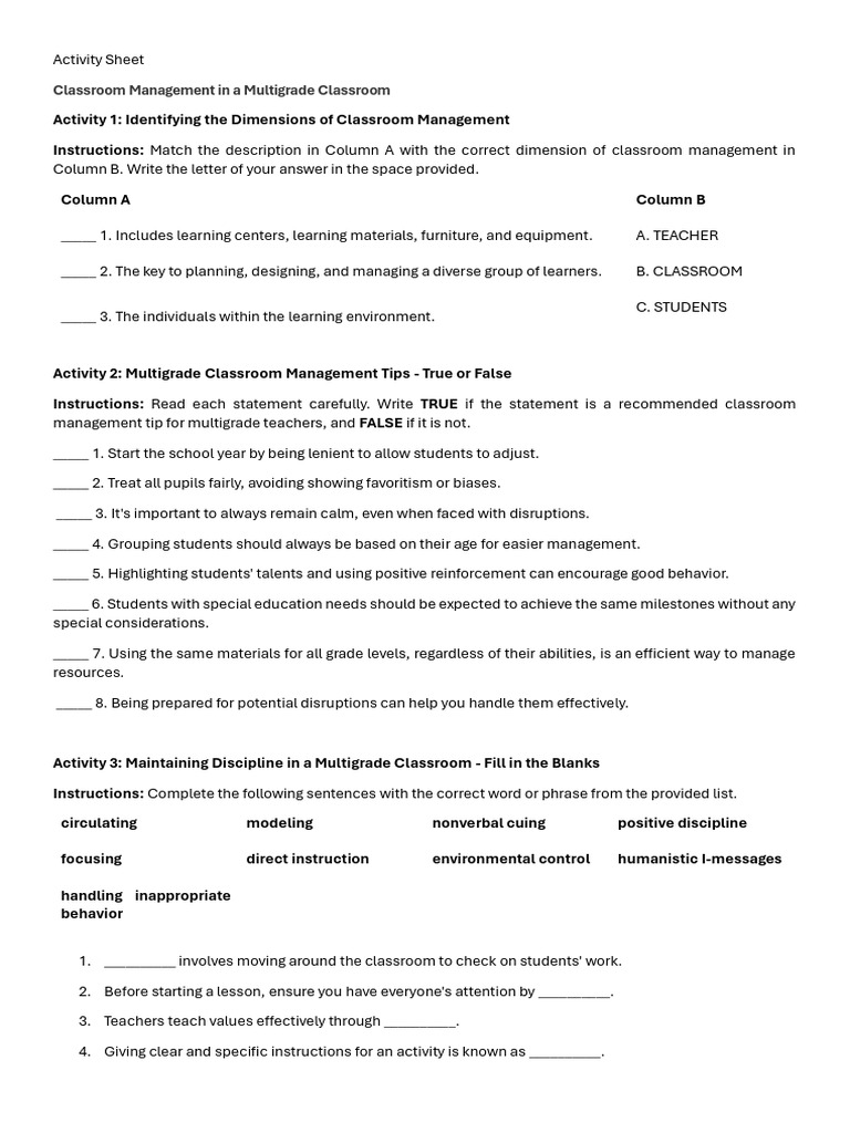 Prof Elect 2 - Activity Answer Sheet | PDF | Classroom Management | Teachers