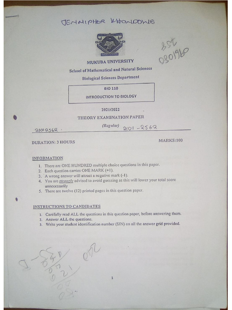 Bio 110 Past Paper 2021 | PDF