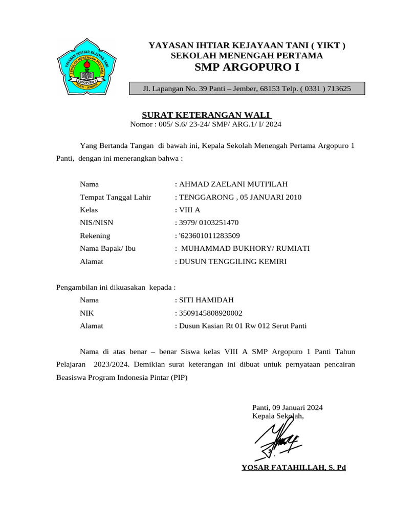 Surat Keterangan Wali | PDF