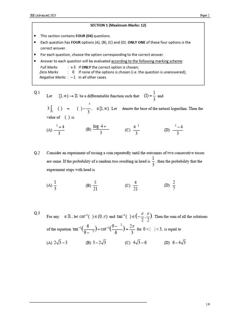 JEE Adv 2023 Paper 2 Maths | PDF | Triangle | Algebra