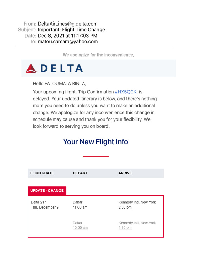 Important Flight Time Change | PDF | Delta Air Lines | Aviation