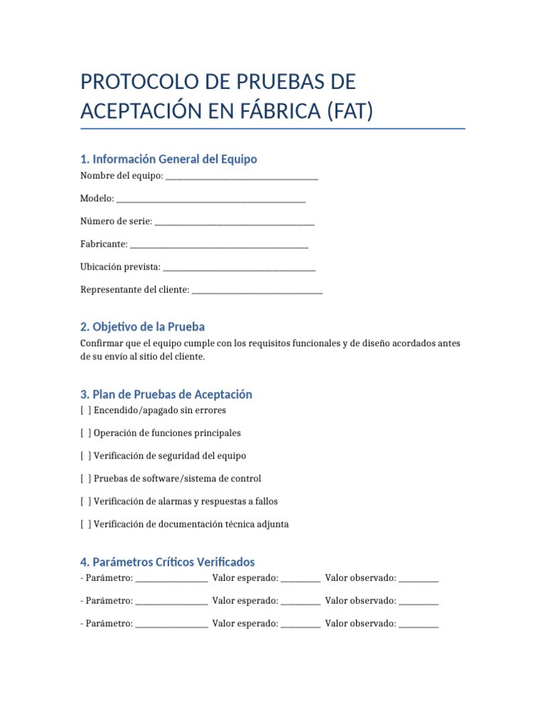 Protocolo de Pruebas de Aceptación FAT | PDF