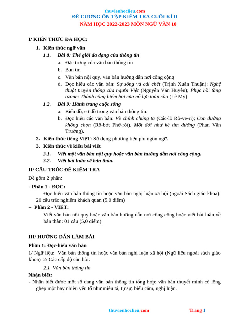De Cuong On Tap Ngu Van 10 HK2 KNTT Nam 22 23 | PDF