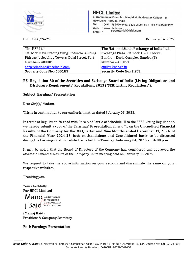 HFCL Q3 FY25 Earnings Presentation | PDF | Fiber To The X | Computer Network