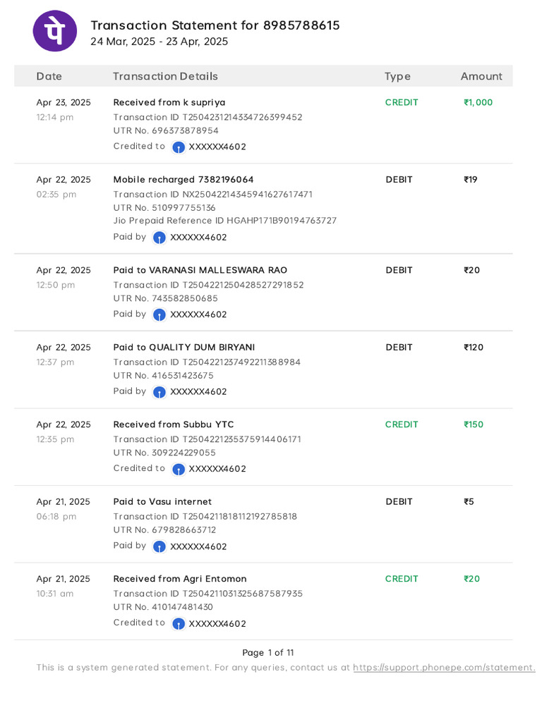 PhonePe Statement Mar2025 Apr2025 | PDF | Debit Card | Debits And Credits