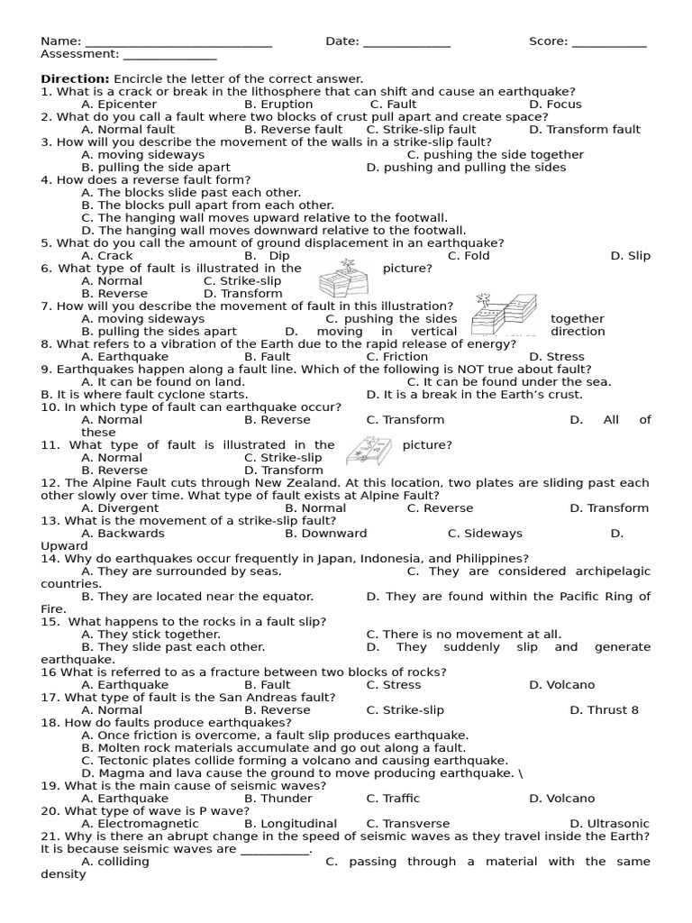 Earthquake and Fault Assessment Quiz | PDF | Fault (Geology) | Plate ...