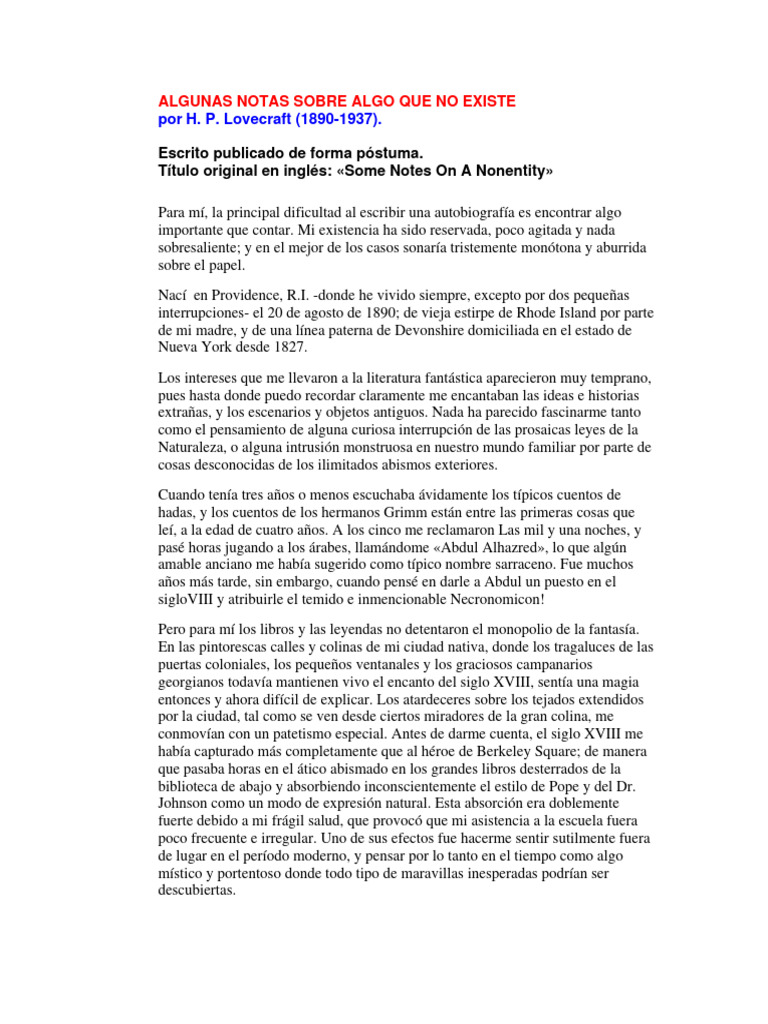 H.P.lovecraft - Algunas Notas Sobre Algo Que No Existe (Autobiografía ...