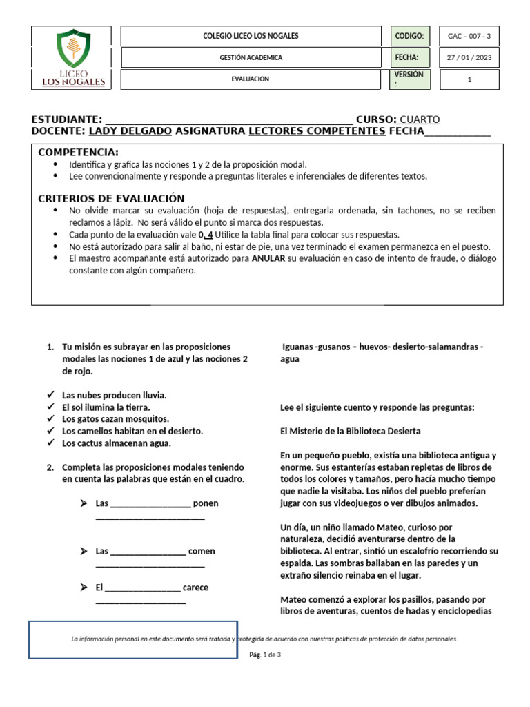 Evaluación de Lectores Competentes 4° | PDF