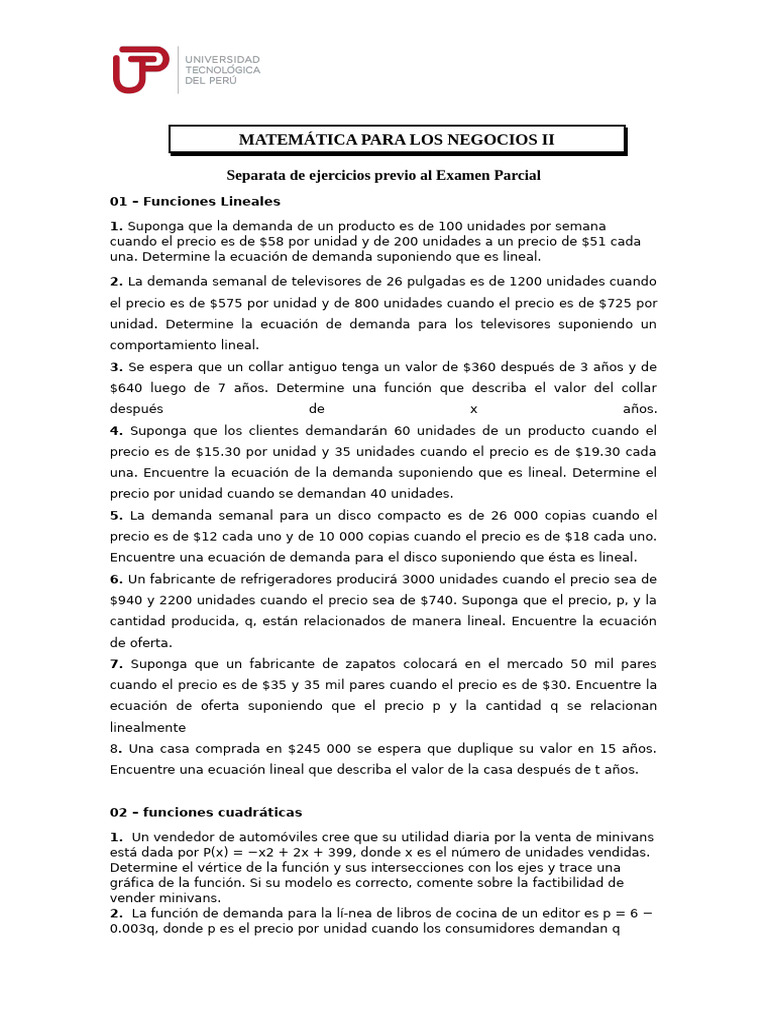 S04 - S1separata de Ejercicios para Examen Parcial N°01 | PDF | Precios | Oferta (economía)