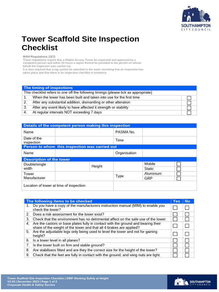 Mobile Tower Inspection Checklist | PDF | Scaffolding