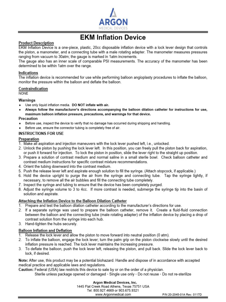 EKM Inflation Device IFU | PDF | Balloon | Pressure Measurement