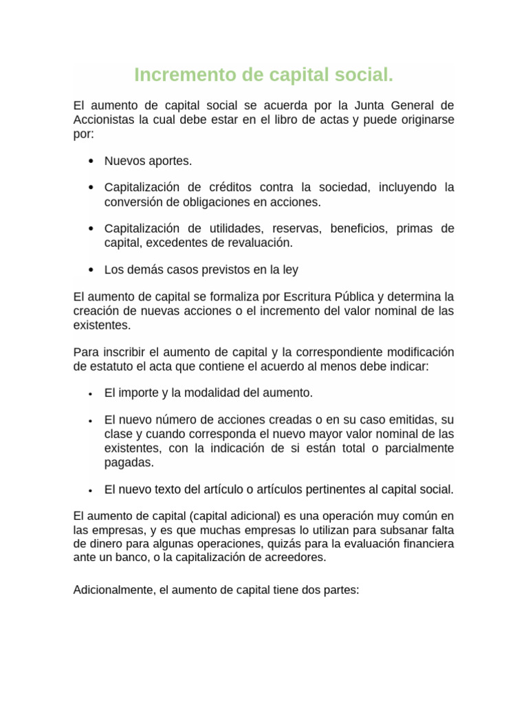 Incremento de Capital Social | PDF | Compartir (Finanzas) | Dinero