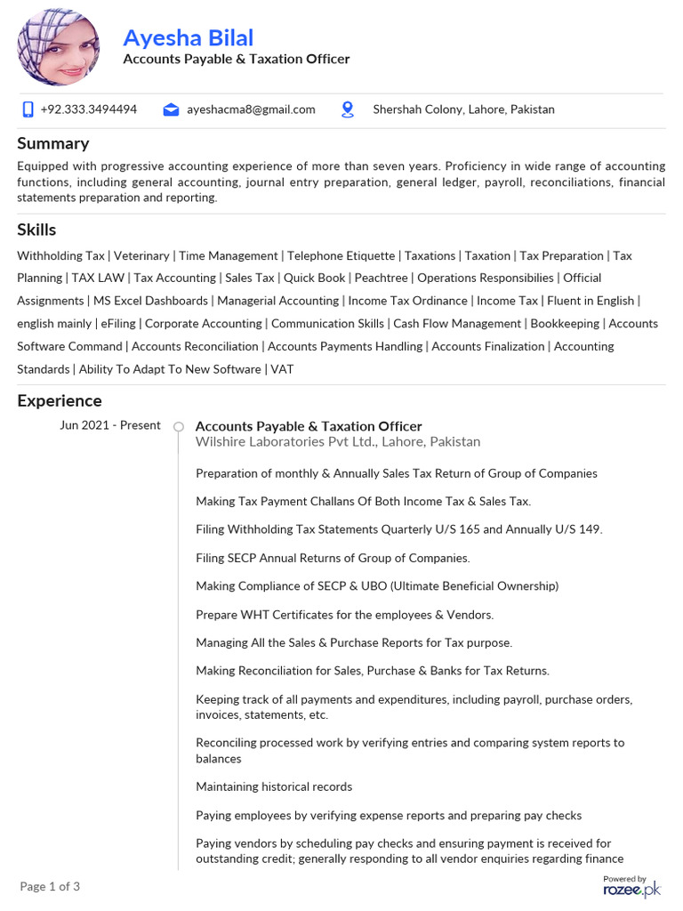 Rozee CV 166883540 12011054 Ayesha Bilal | PDF | Taxes | Accounts Payable