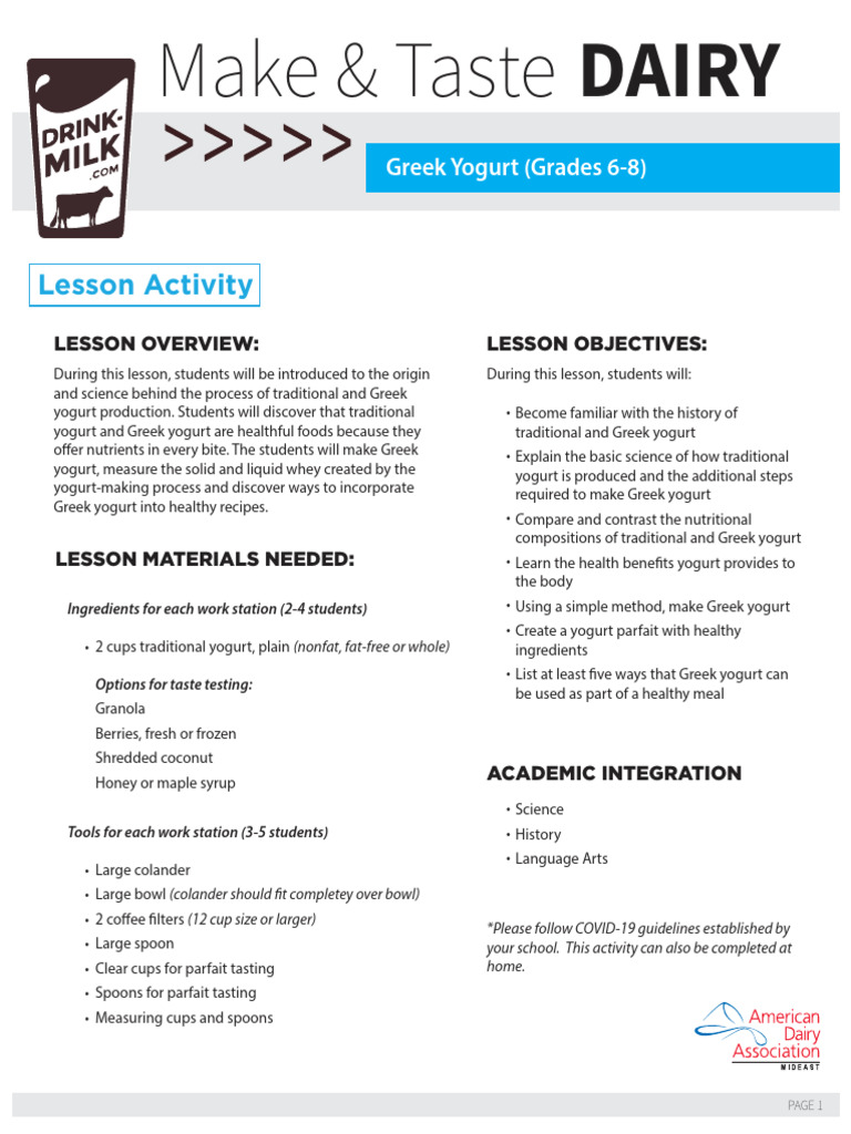 Greek Yogurt: Make & Taste Lesson | PDF | Yogurt | Milk