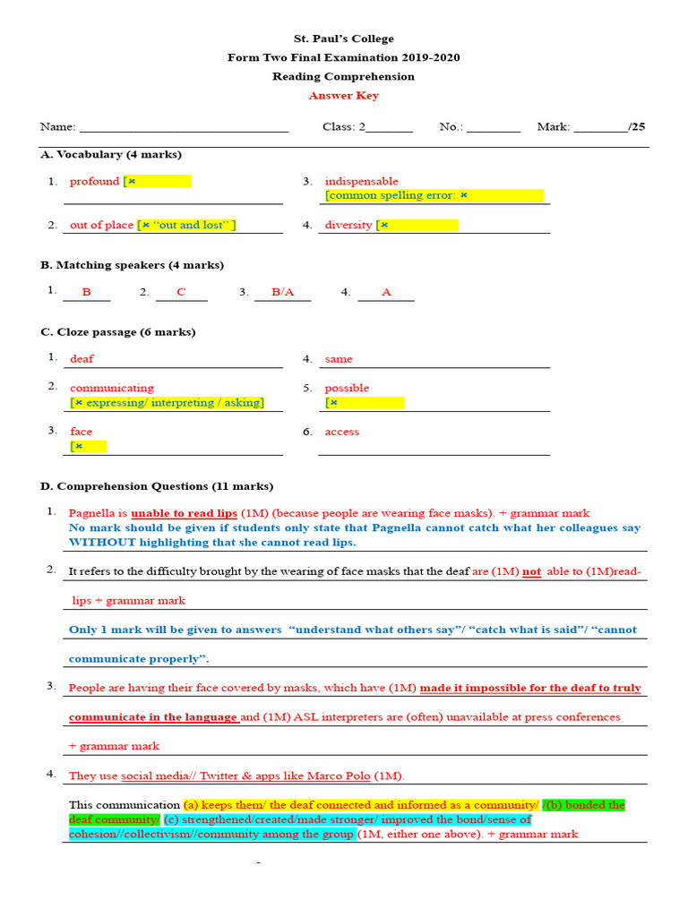 1920 Form 2 FE Reading Comprehension (Answer Key, Marker's Report and ...