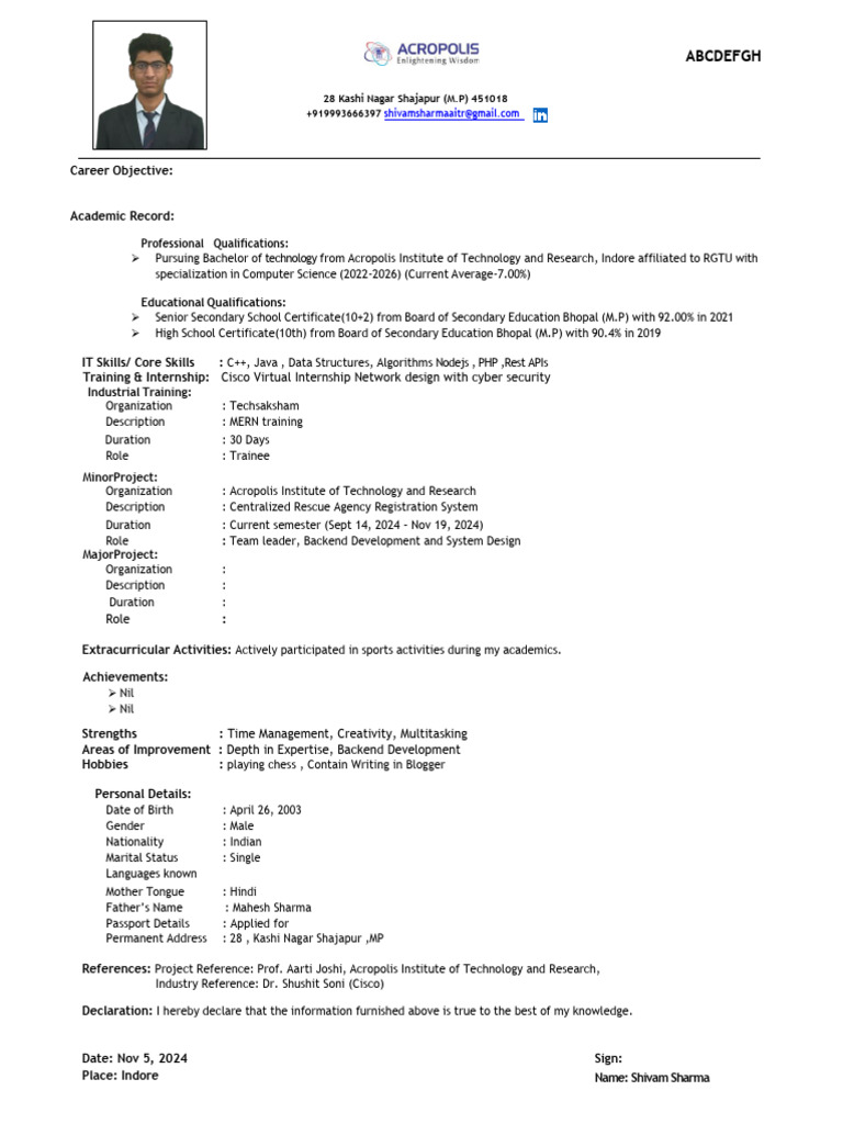Master Format Resume shivam | PDF | Computing