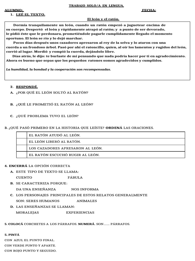 Fábula del León y el Ratón: Actividades | PDF
