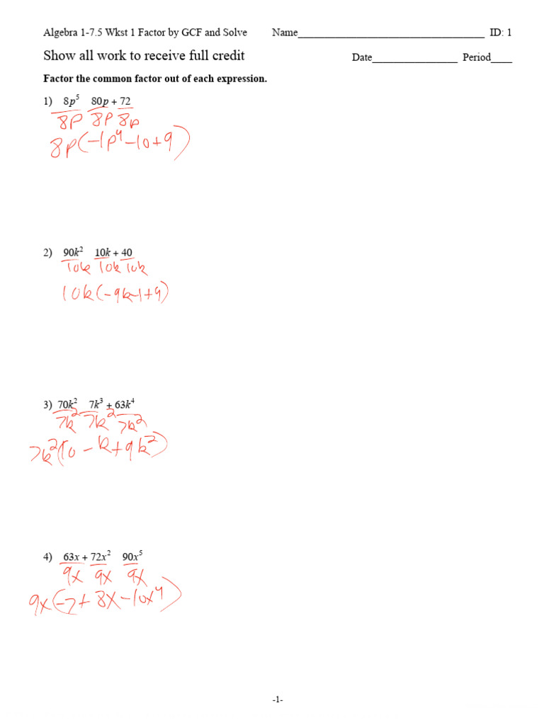 7.5 WKST 1 Factoring by GCF and Solving Polynomials | PDF | Computational Science | Equations