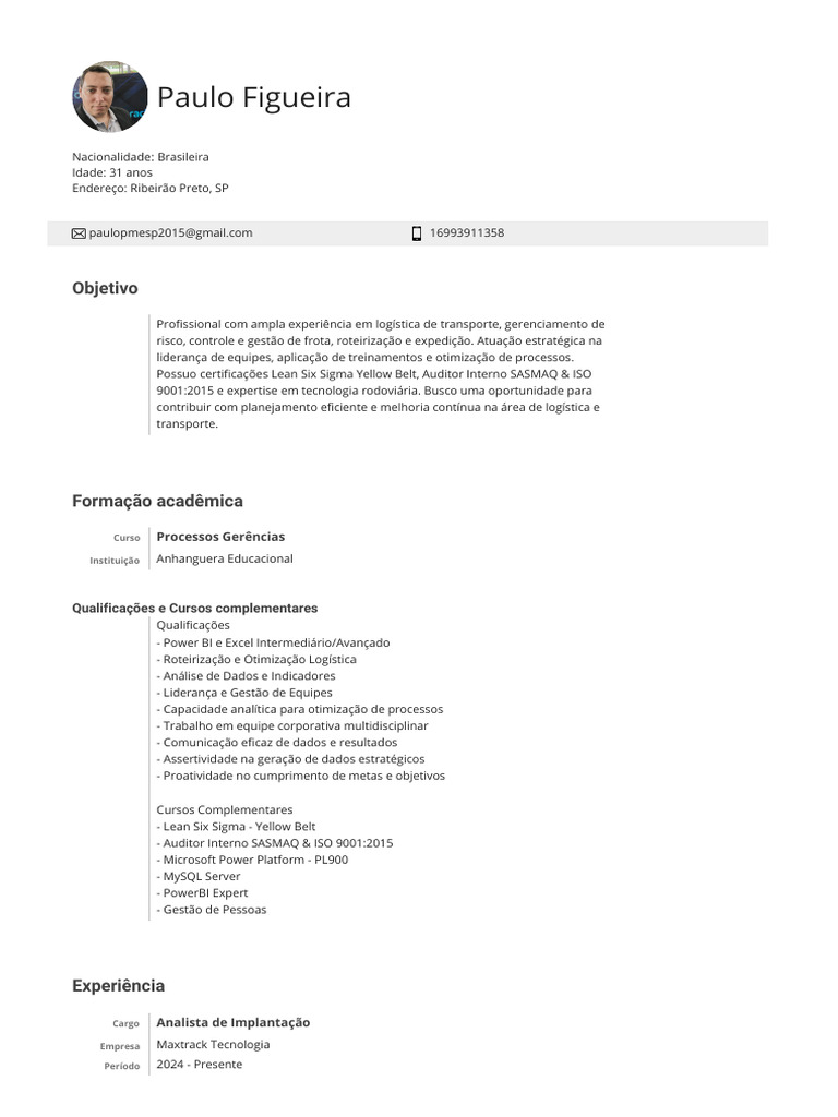Paulo Figueira - Currículo | PDF | Logística | Seis Sigma