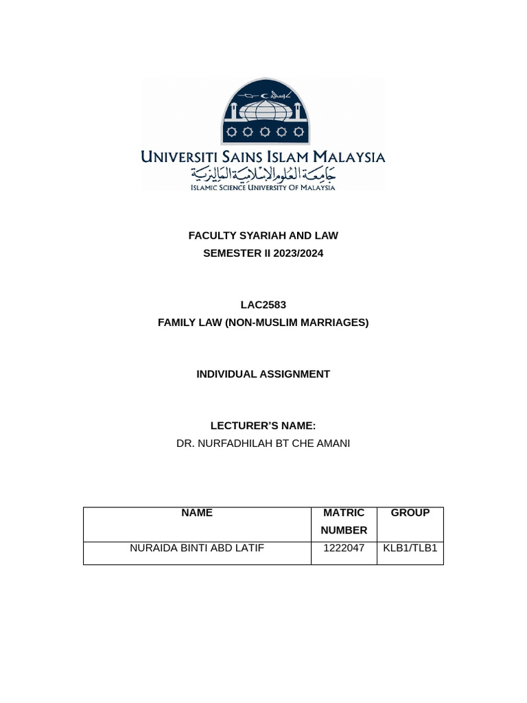 FAM LAW (Individual Assignment) | PDF | Marriage | Husband