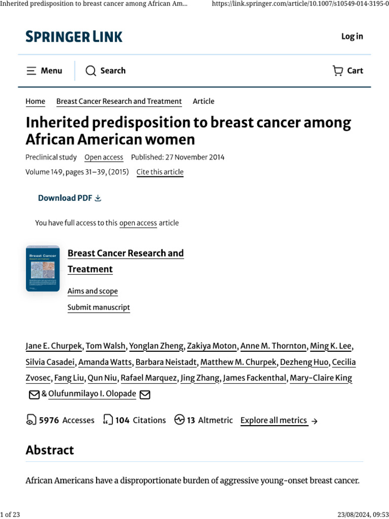 Inherited Predisposition To Breast Cancer Among African American Women ...