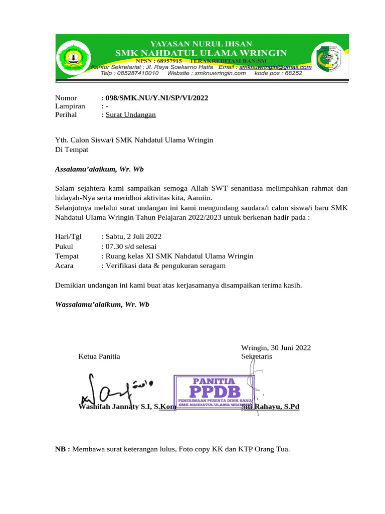 SURAT Undangan Calon Siswa Baru | PDF