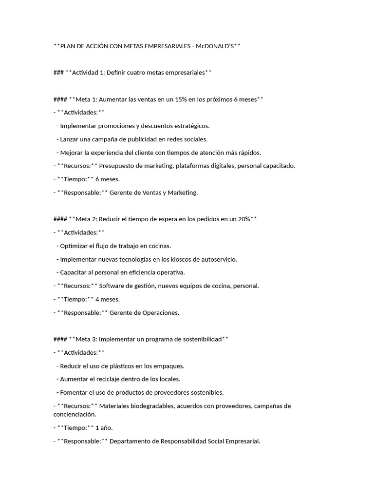 Plan de Acción y Metas de McDonald's | PDF | Marketing | Sustentabilidad