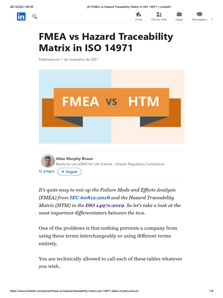 FMEA Vs Hazard Traceability Matrix in ISO 14971 - LinkedIn | PDF | Risk ...