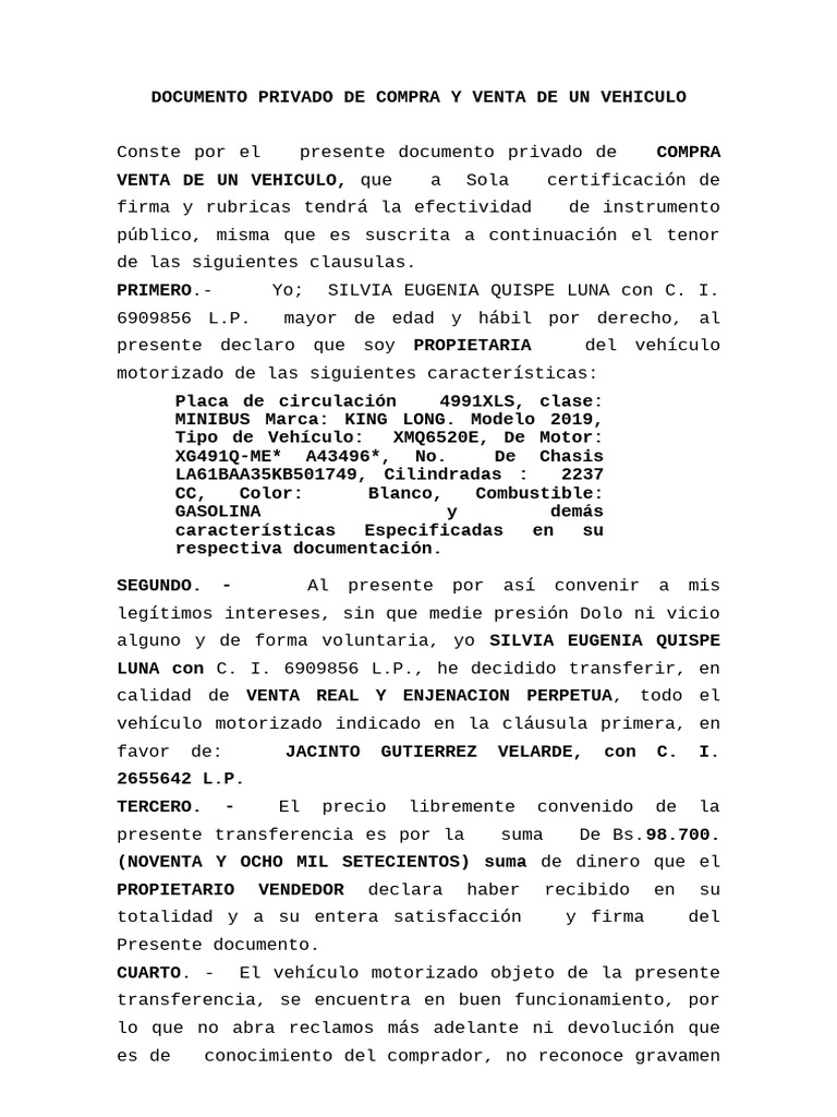 Documento Privado Compra y Venta de Vehiculo-Ysaac | PDF | Vehículos ...