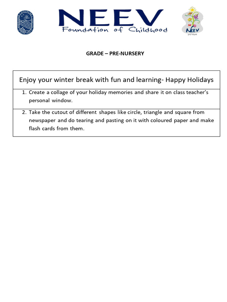 Pre-Nursery Winter Holiday Homework | PDF