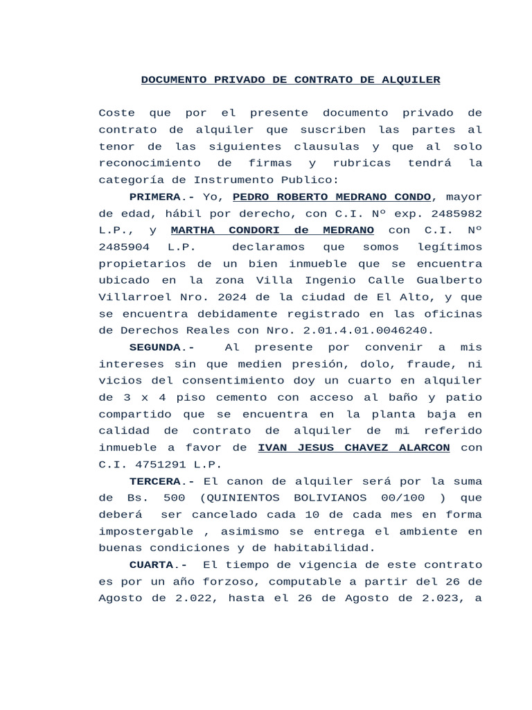 Documento Privado de Contrato de Alquiler Ivan Chavez | PDF
