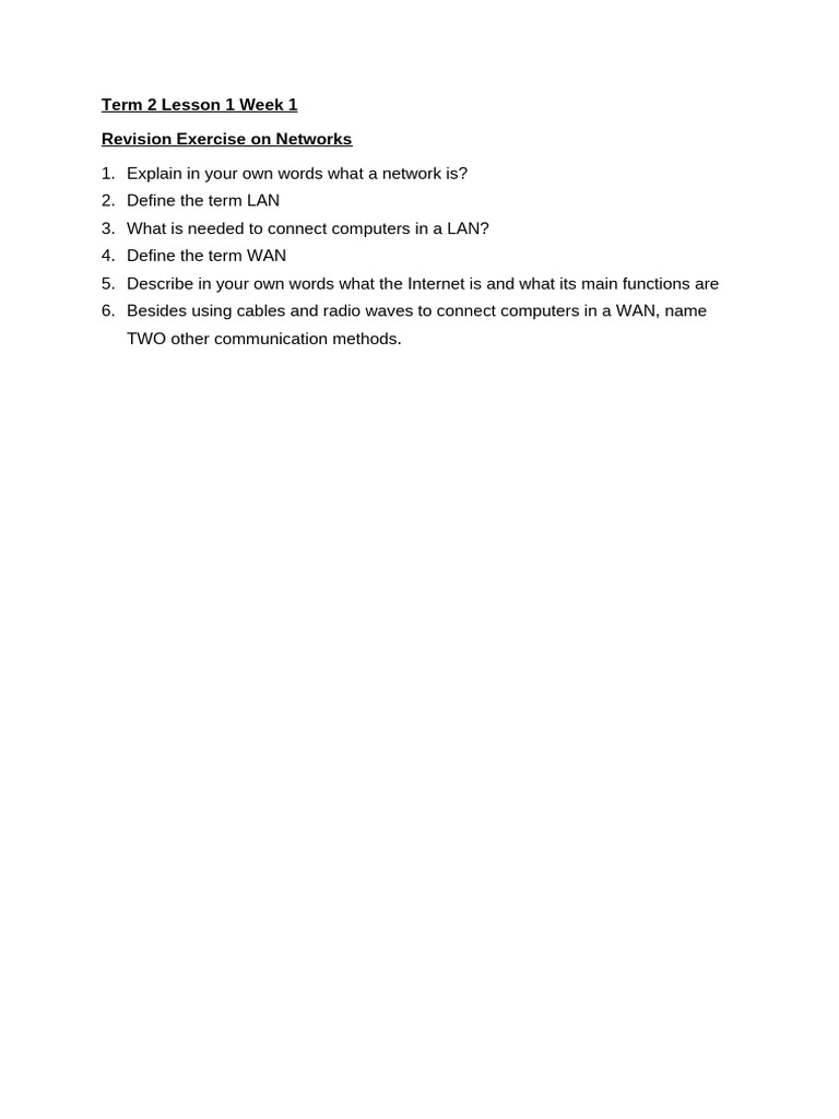 Homework Revision Exercise Networks Term 2 Lesson 1 Week 1 | PDF