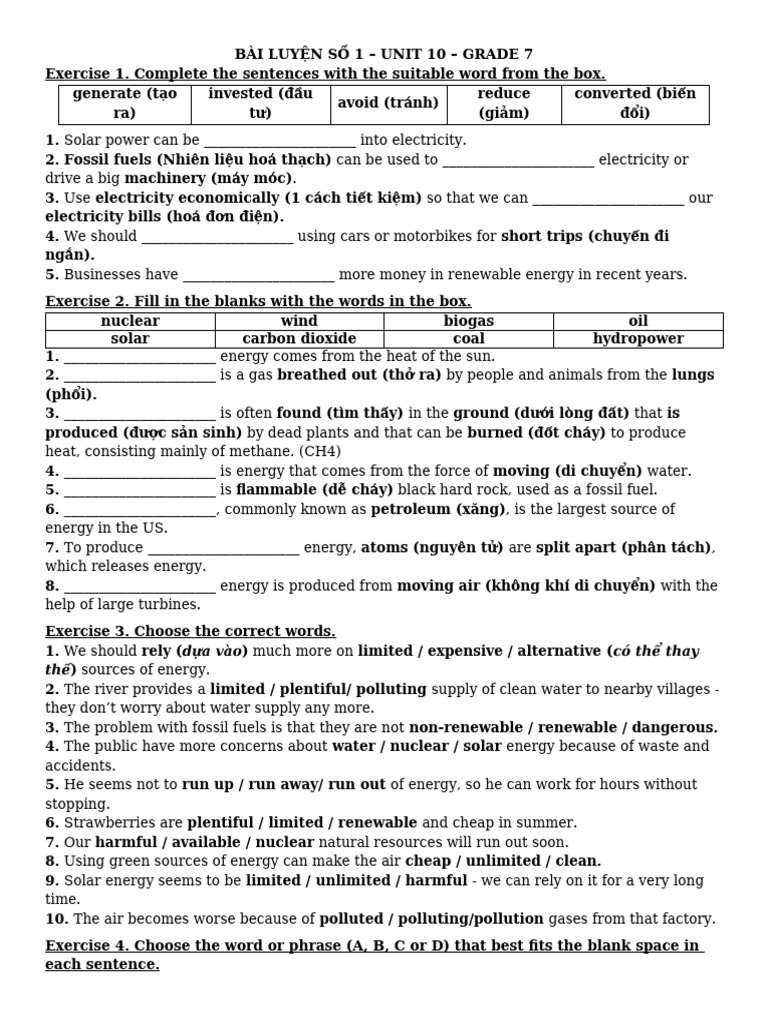 BÀI LUYỆN SỐ 1 - U10 - Grade 7 | PDF | Wind Power | Energy Development