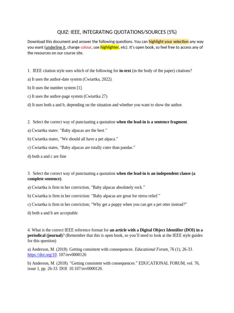 IEEE Quiz on Citation Techniques | PDF | Apa Style | Citation